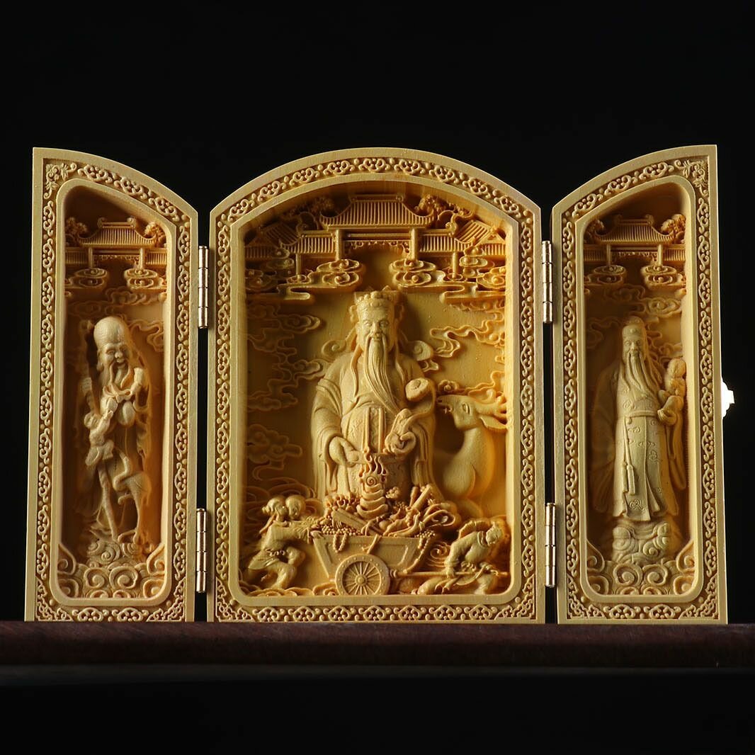 Алтарь "Три звездных старца" Фен-Шуй, Самшит (15*10.5*1.3 см.)