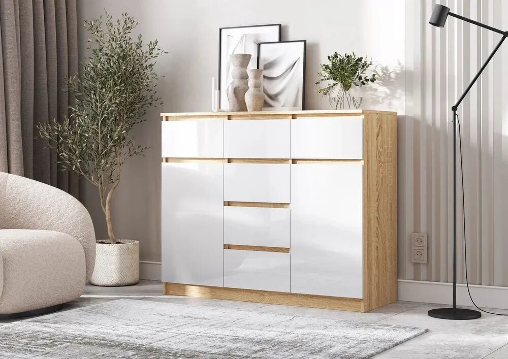 Челси Комод 1200 (2 двери 6 ящиков) (Белый глянец холодный, дуб сонома)