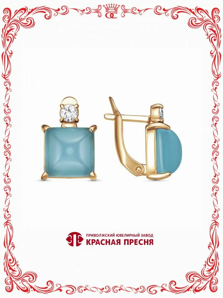 Серьги, халцедон синтетический, фианит