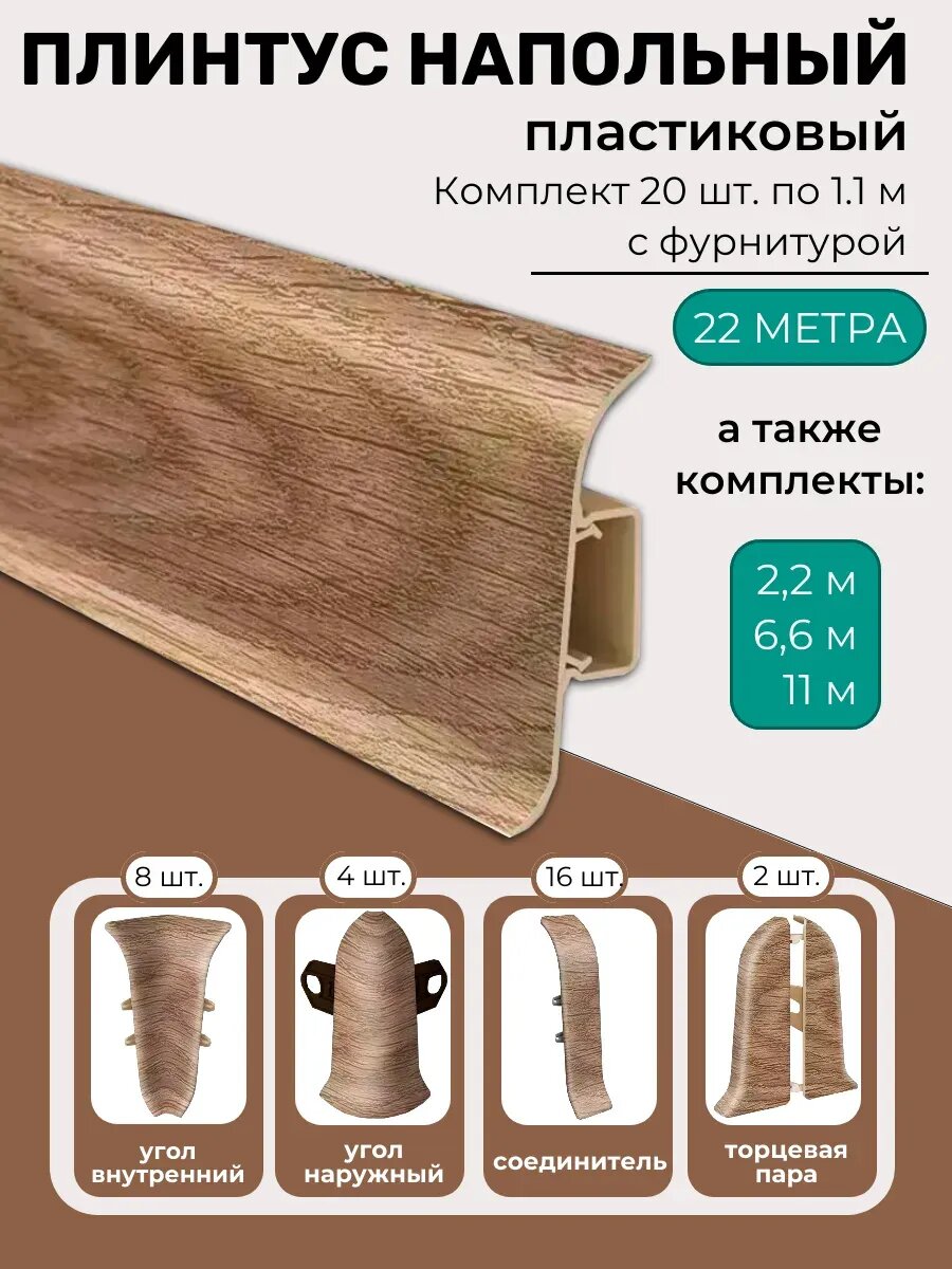 Плинтус Ideal Classic, напольный пластиковый, с кабель-каналом и фурнитурой, 22 метра, коричневый