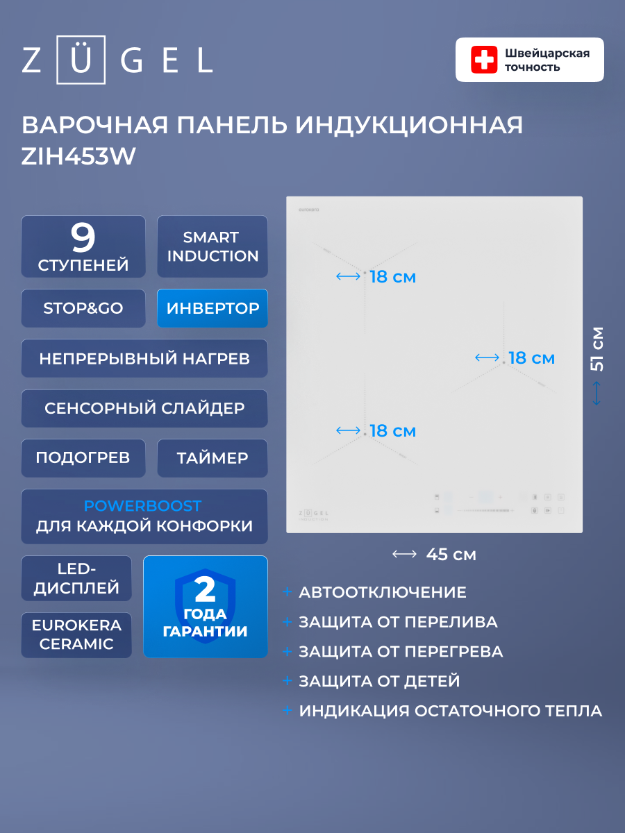 Варочная панель индукционная ZUGEL ZIH453W, стеклокерамика, белый