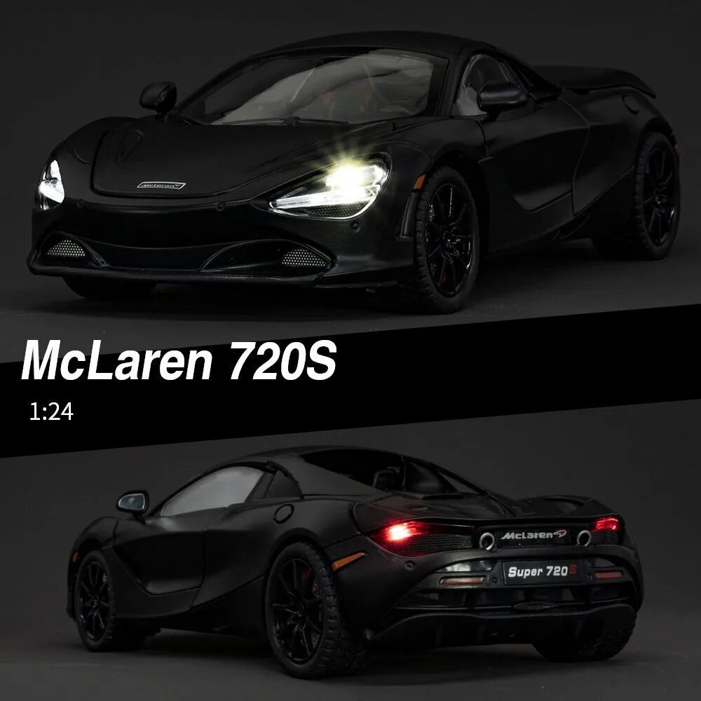 Черный металлический спортивный автомобиль McLaren 720S в масштабе 1:13 - коллекционная модель со светом и открывающимися дверцами — фото 1
