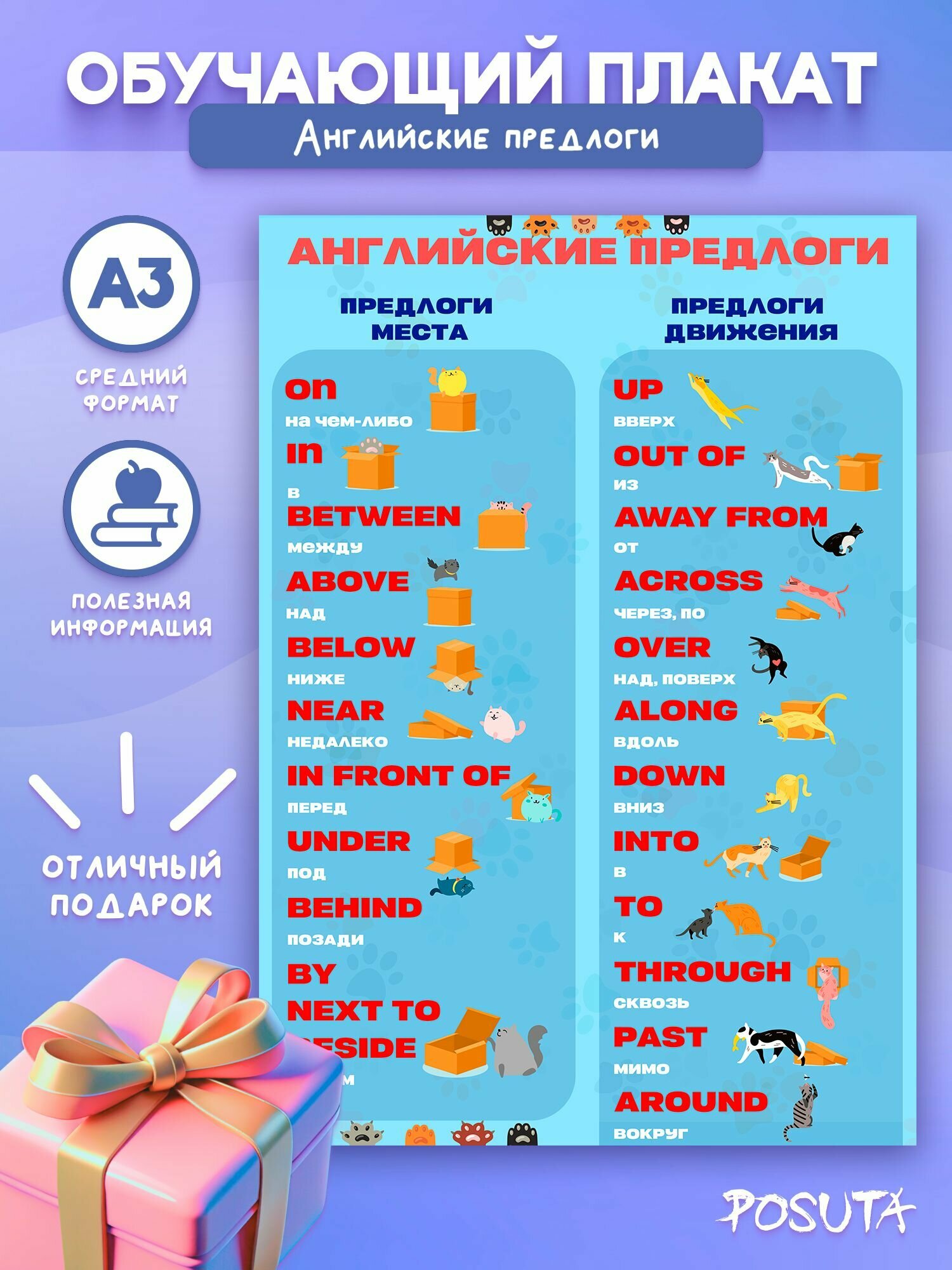 Постеры на стену обучающие "английские предлоги"