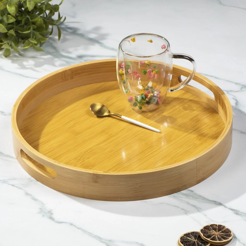 Поднос "Жизнь прекрасна", с ручками, деревянный, 35см, бежевый