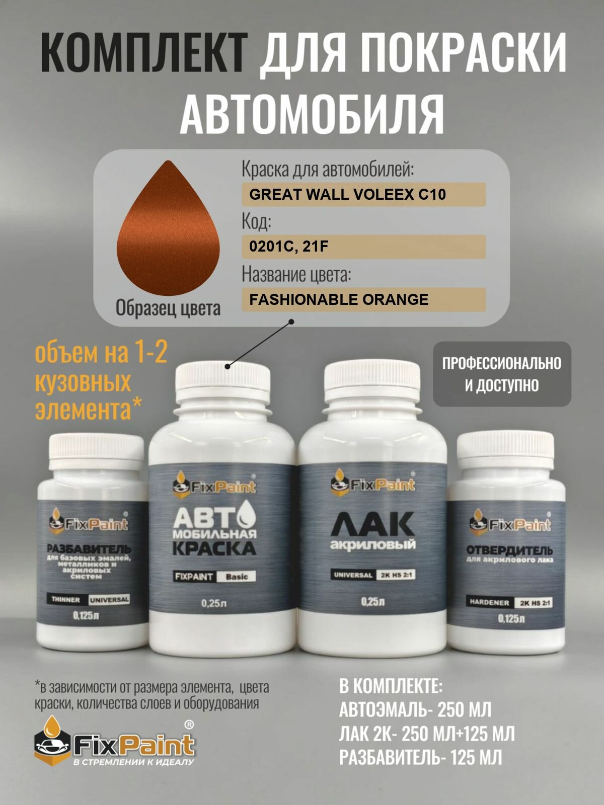 Комплект для покраски GREAT WALL VOLEEX C10, код 0201C, 21F, FASHIONABLE ORANGE, базовая автомобильная эмаль 250 мл, лак 2K 250 мл с отвердителем, разбавитель 125 мл, FixPaint Pro