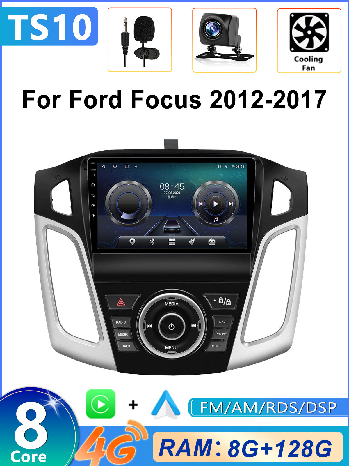 Многокнопочный Автомагнитола для Ford Focus 3 2011-2019 Android TS10 8+128G , Bluetooth, WiFi, IPS экран, FM/AM, Сенсорные кнопки, Carplay/android auto
