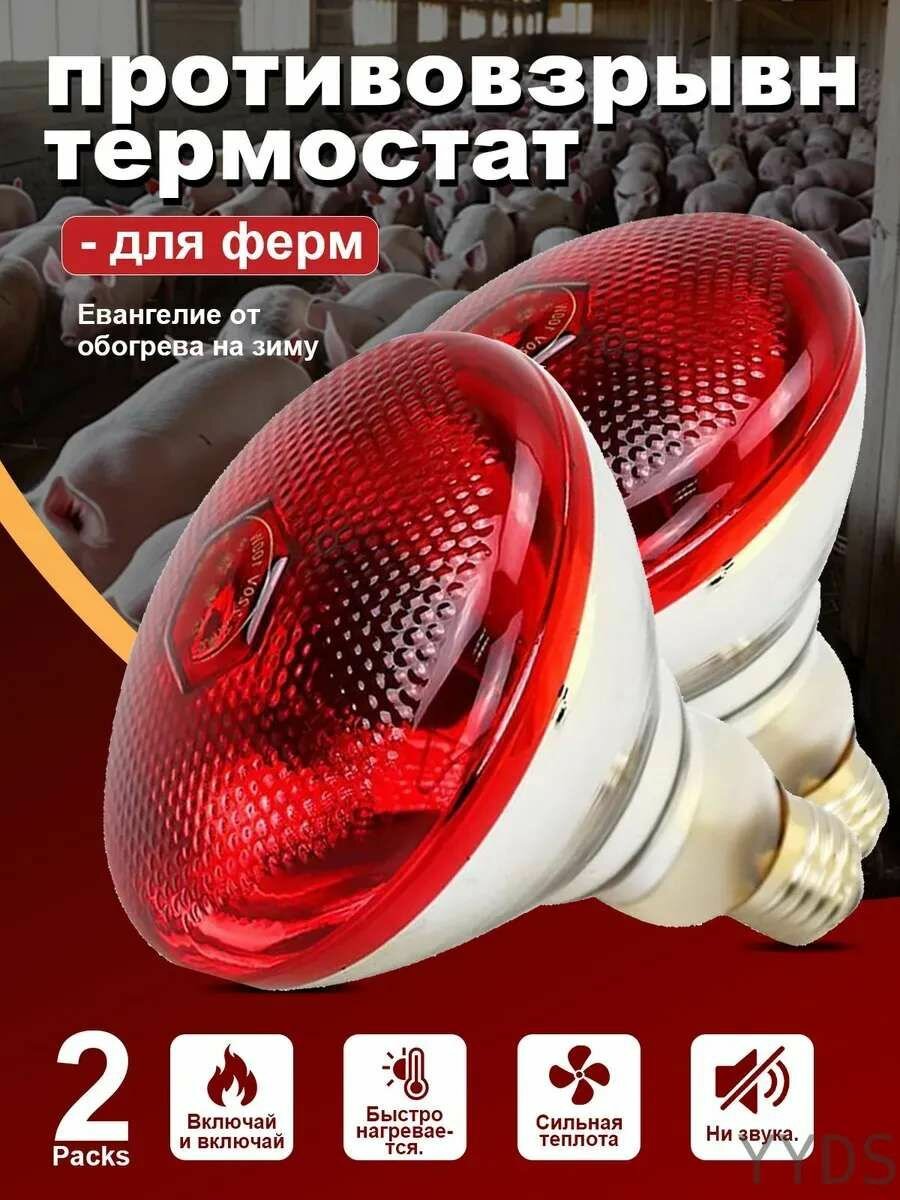 Лампа инфракрасная для обогрева кур, щенков, цыплят, свиней, курятника, брудера/ Лампочка галогенная для животных, растений и теплиц 250Вт Е27 - 2 шт