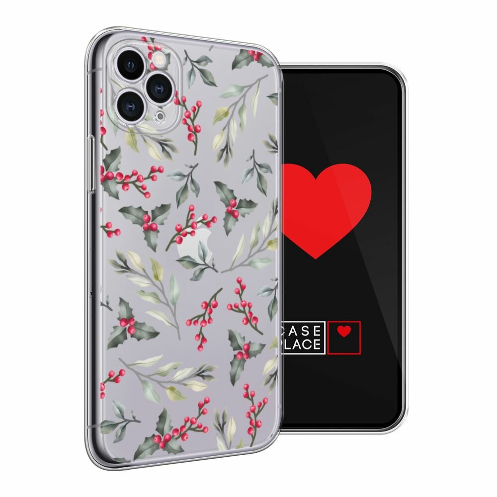 Чехол на Apple iPhone 11 Pro / Айфон 11 Про с принтом Зимние ягоды паттерн, прозрачный — фото 1