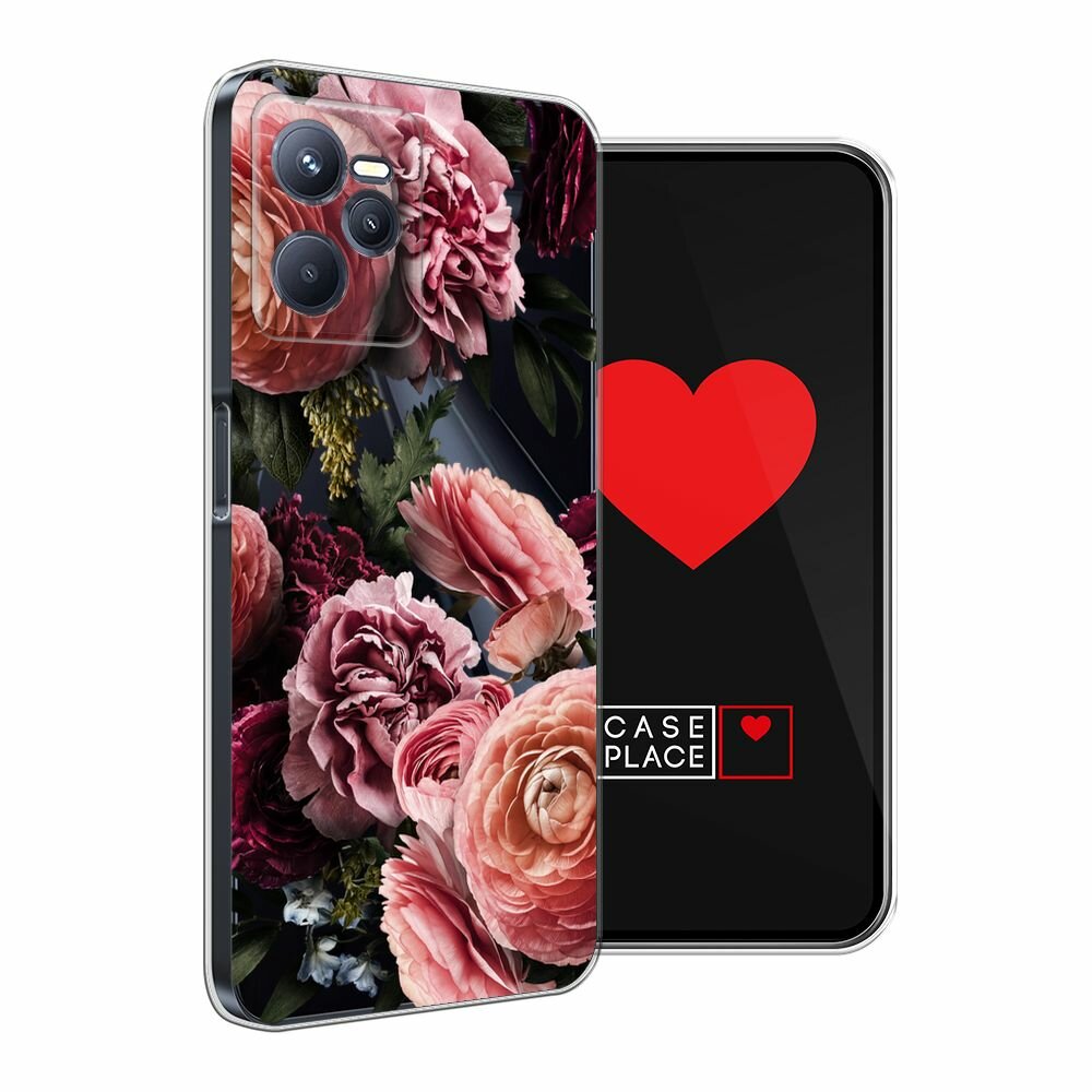 Чехол на Realme C35 / Реалми C35 с принтом "Бордовые винтажные цветы", прозрачный — фото 1