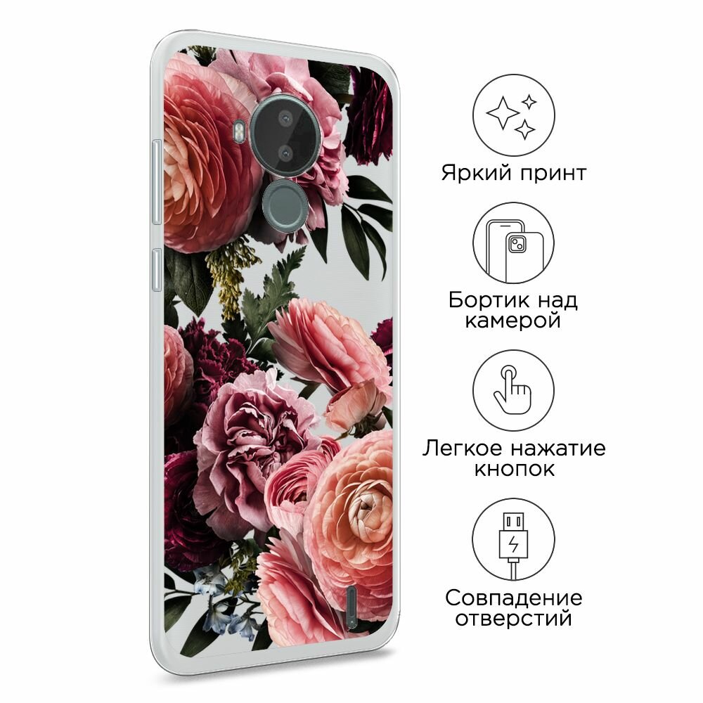 Чехол на Nokia C30 / Нокия C30 с принтом "Бордовые винтажные цветы", прозрачный — фото 1