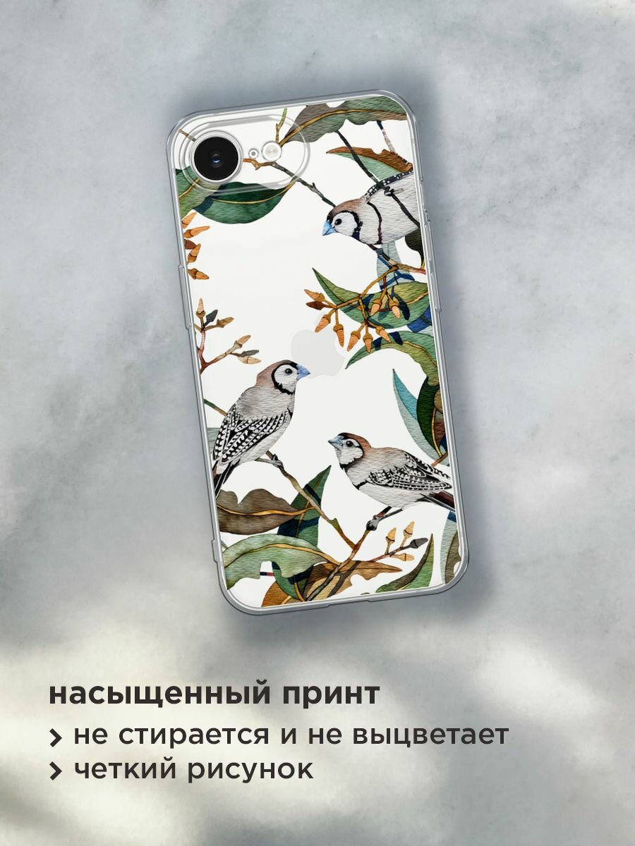 Чехол на Apple iPhone 16e/17e / Айфон 16е/17e с принтом "Птицы в листве", прозрачный — фото 1