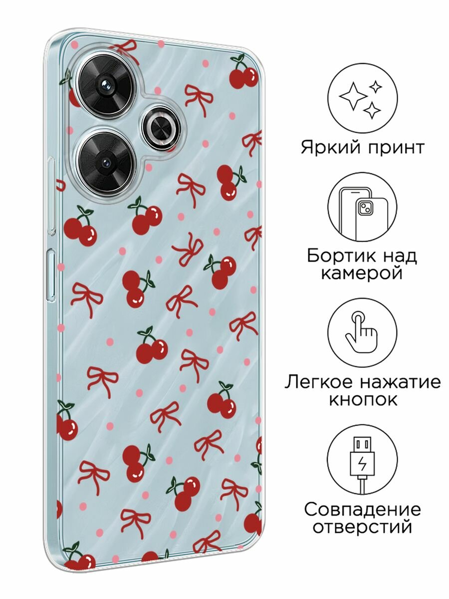 Чехол на Xiaomi Redmi Note 13R/Redmi 13/Poco M6 4G/M6 Plus с принтом "Вишни и ленточки", прозрачный — фото 1