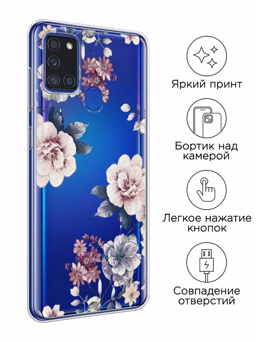 Чехол на Samsung Galaxy A21s / Самсунг Галакси A21s с принтом "Нежные винтажные цветы", прозрачный — фото 1