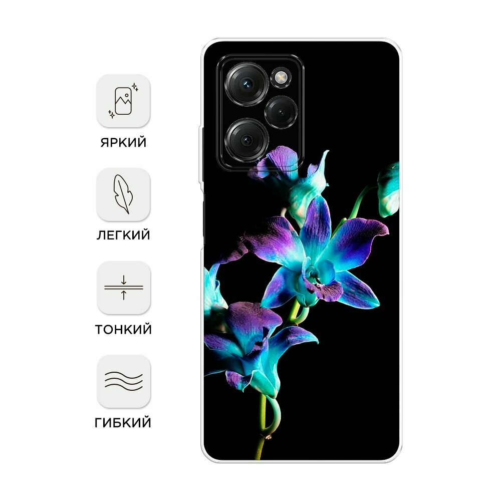 Чехол на Xiaomi Poco X5 Pro 5G / Сяоми Поко X5 Про 5G с принтом "Синий цветок на черном" — фото 1