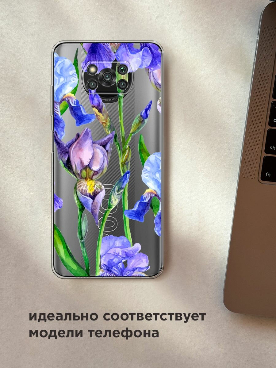 Чехол на Xiaomi Poco X3/X3 Pro / Поко X3/X3 Pro с принтом "Синие ирисы", прозрачный — фото 1