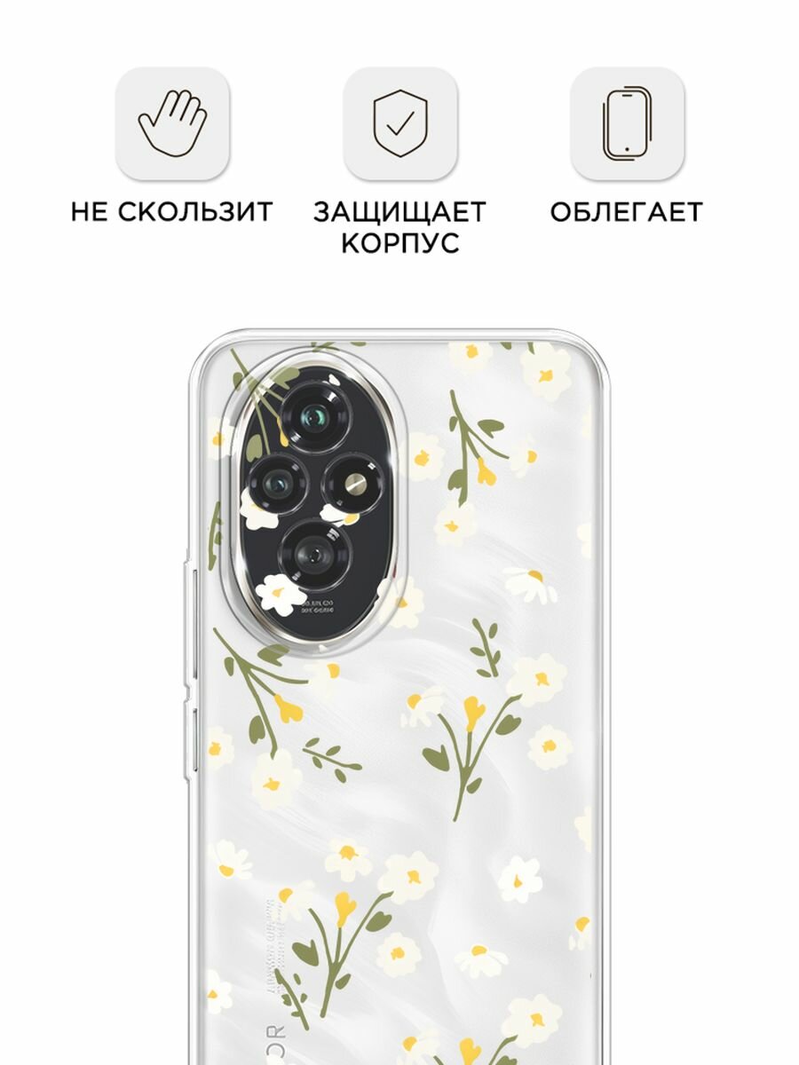 Чехол на Honor 200 / Хонор 200 с принтом "Пучки ромашек паттерн", прозрачный — фото 1