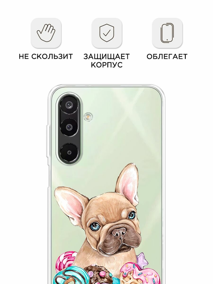 Чехол на Samsung Galaxy M16 / Самсунг Галакси М16 с принтом "Бульдог и сладости", прозрачный — фото 1