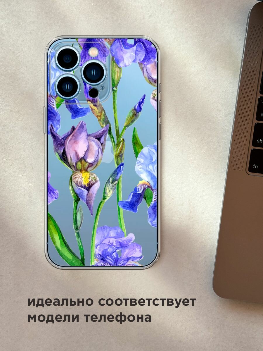 Чехол на Apple iPhone 13 Pro / Айфон 13 Про с принтом "Синие ирисы", прозрачный — фото 1