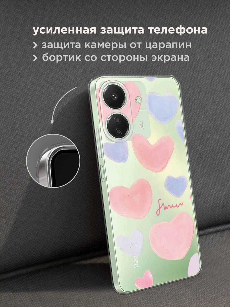 Чехол на Xiaomi Redmi 13C/Poco C65 / Сяоми Редми 13C/Поко С65 с принтом "Пастельные сердечки", прозрачный — фото 1