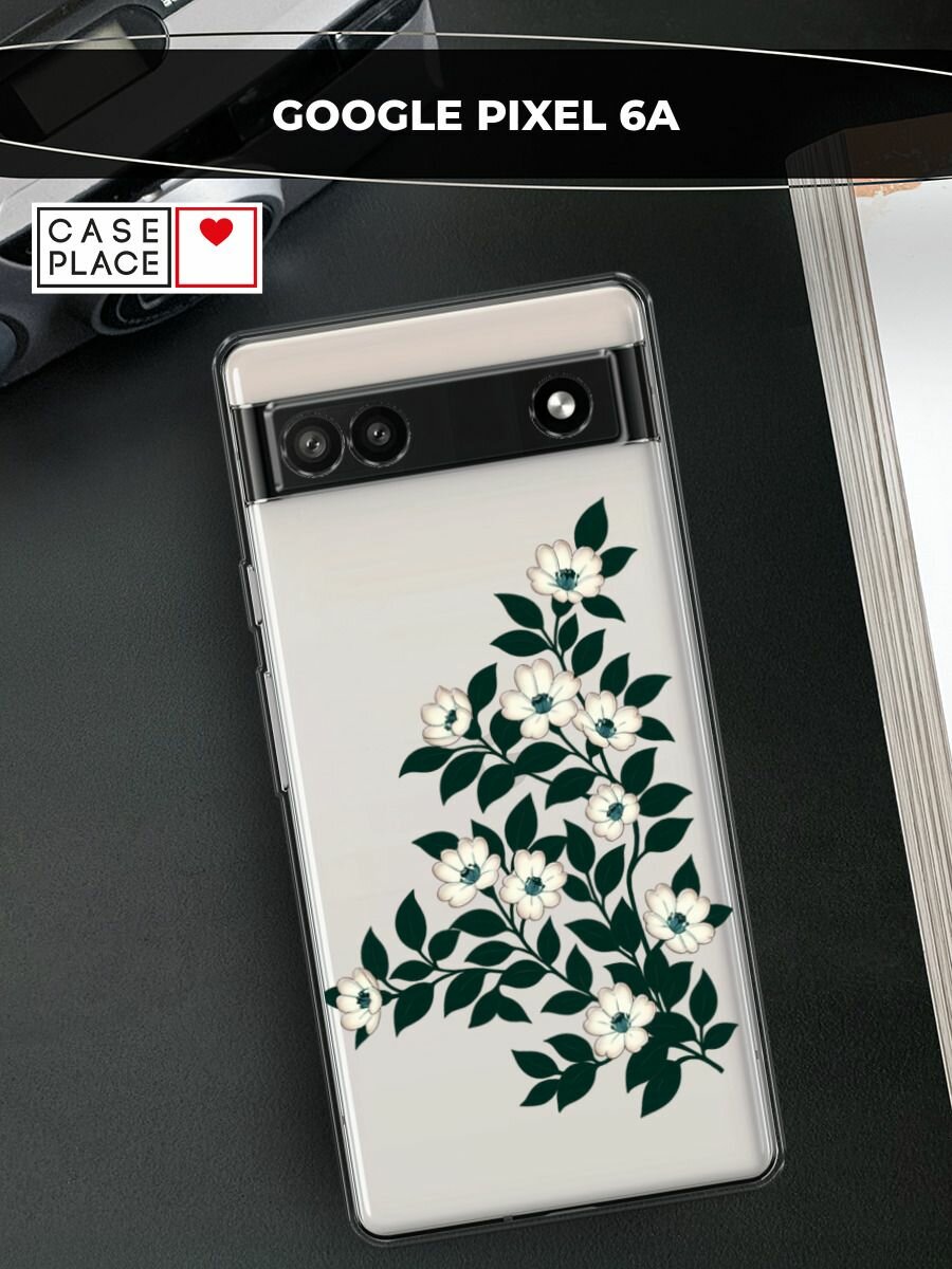 Чехол на Google Pixel 6A / Гугл Пиксель 6A с принтом "Цветы с черными листьями"