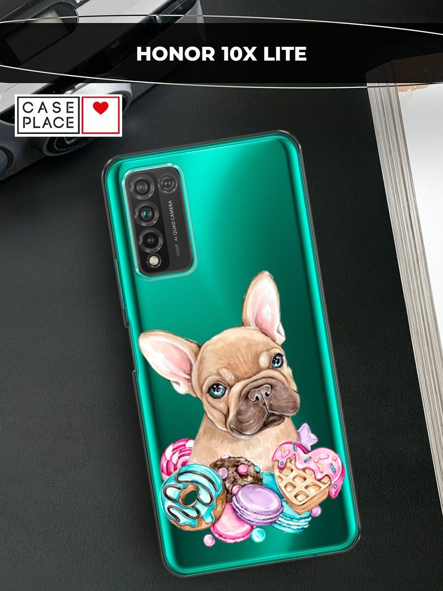 Чехол на Honor 10X Lite / Хонор 10X Лайт с принтом "Бульдог и сладости", прозрачный
