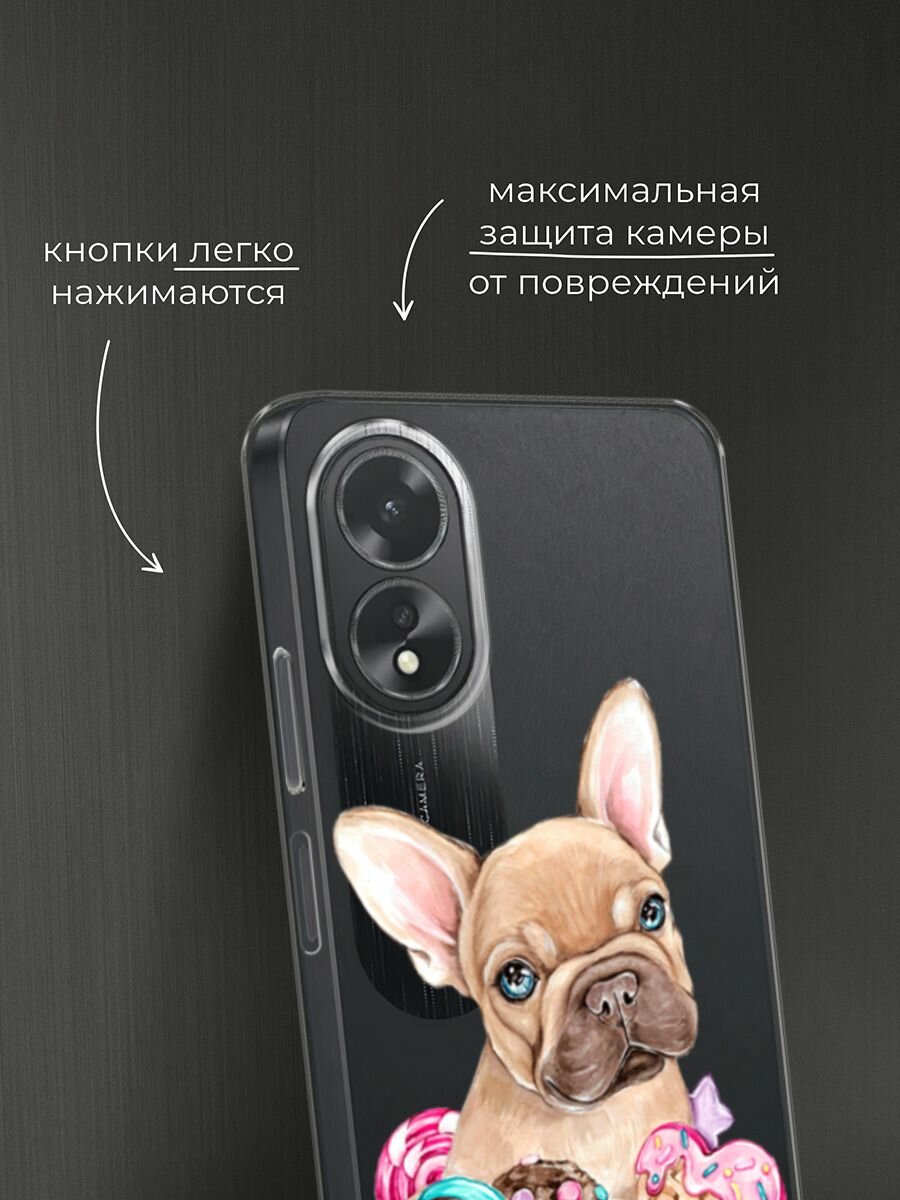 Чехол на Oppo A38/A18 / Оппо A38/A18 с принтом "Бульдог и сладости", прозрачный — фото 1
