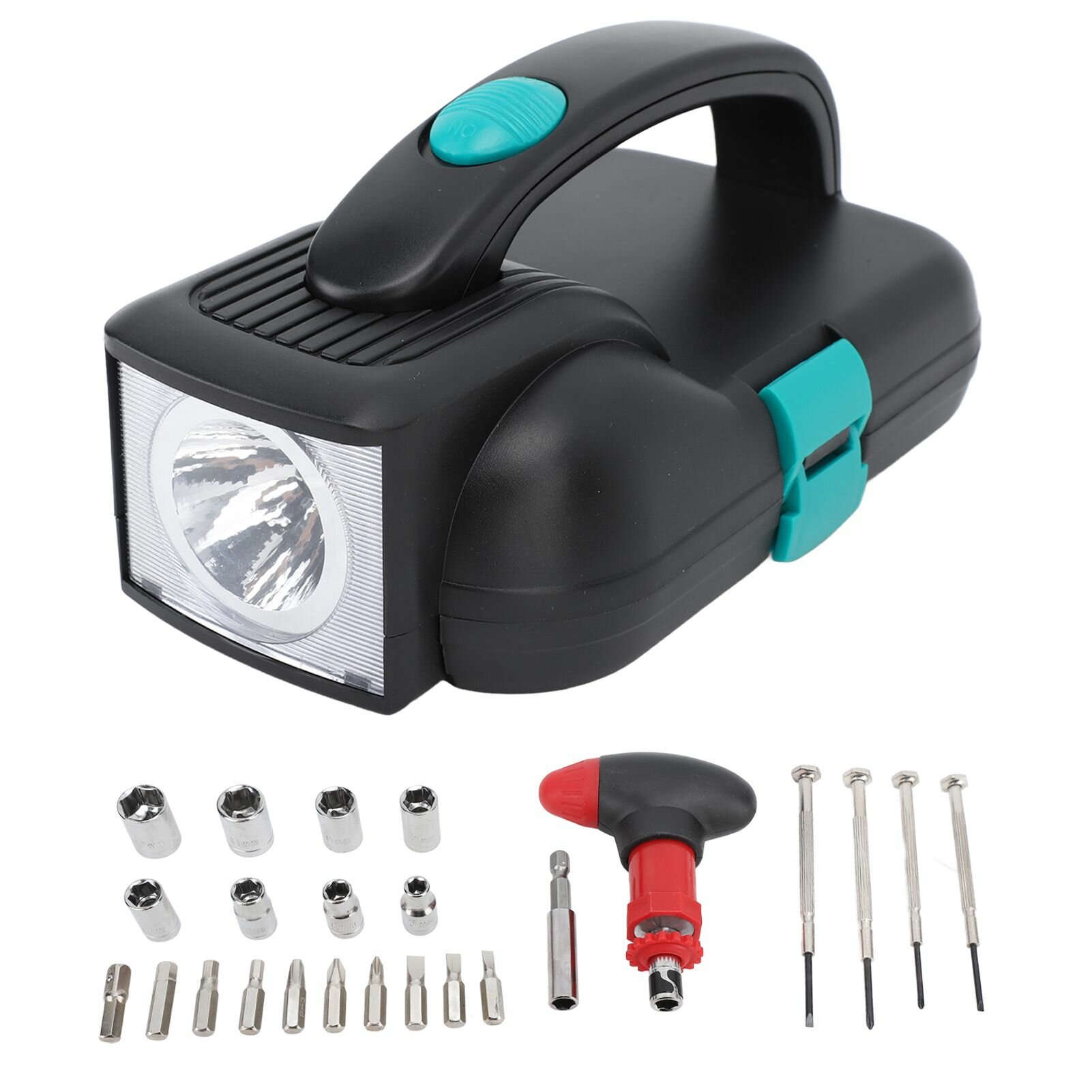 Набор бытовых инструментов со светодиодным фонариком включает в себя набор миниатюрных отверток с храповым механизмом и насадками для часов для дома