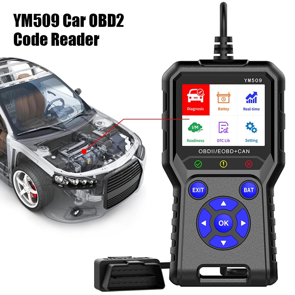 YM509 Автомобильный диагностический инструмент Сканер OBD 2 для двигателя Сканер OBD2 Стирание кодов ошибок ODB2 Считыватель кодов Многоязычный