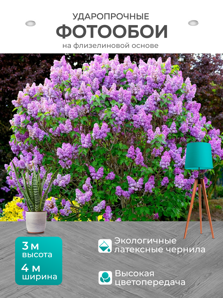 Фотообои моющиеся ударопрочные "Куст сирени, декоративный кустарник, сирень" 400x300 см. флизелиновые на стену