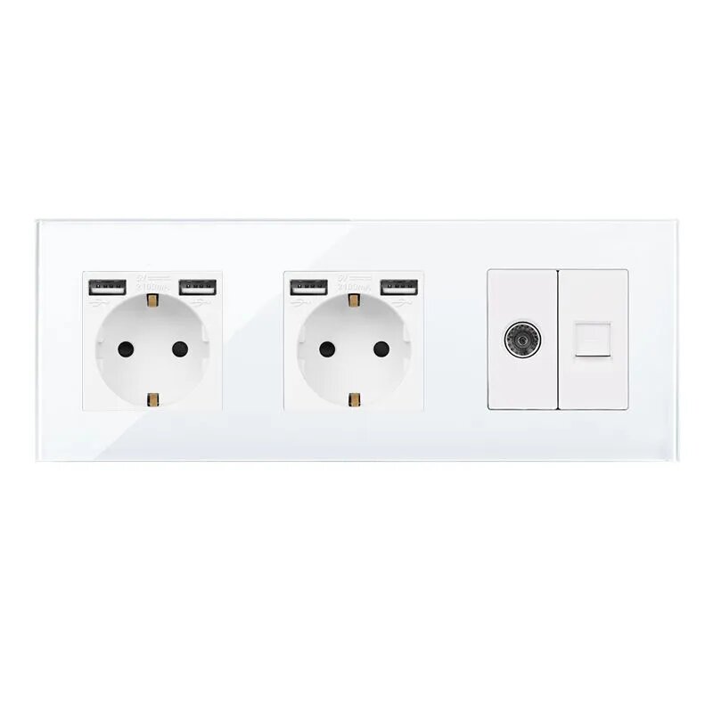 Розетка электрическая 220В с интерфейсом USB 2 поста + телевизора и компьютера, Стеклянная рама, белая