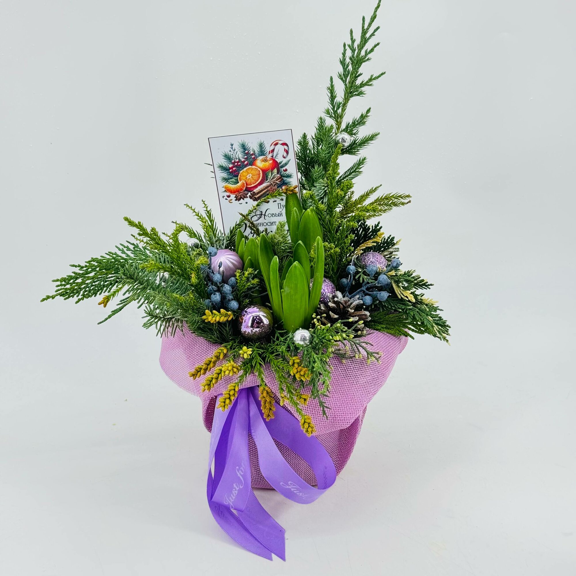 Зимний букет с первоцветами гиацинтами и натуральной хвоей, нобилис. Подарок на новый год