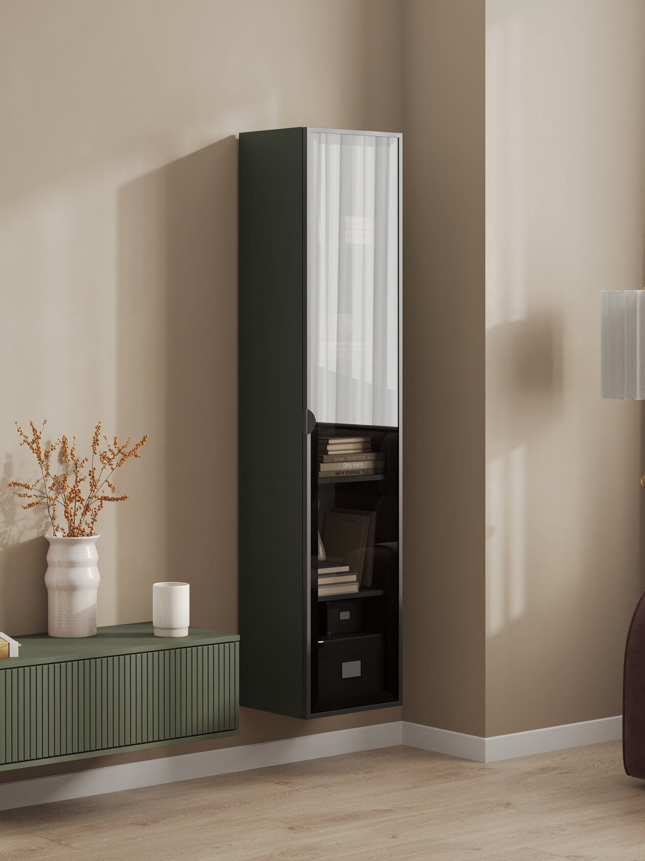 Шкаф-витрина Амели с полками, 40х34.1х184 см, Оливковый базальт