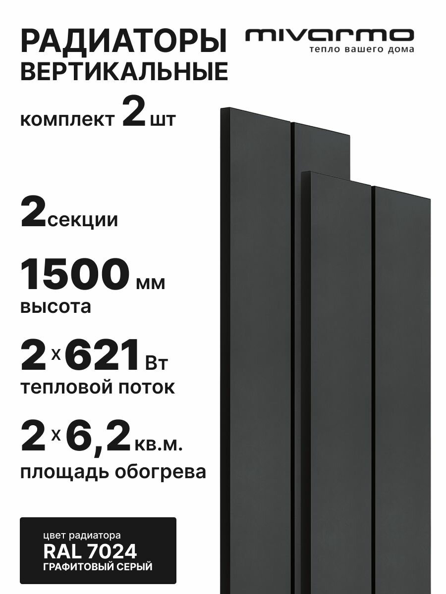 Комплект алюминиевых радиаторов отопления вертикальных, горизонтальных MIVARMO, графитовый муар, 1500 мм 2 секции из 2 шт.
