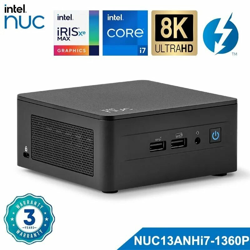 Intel Мини-ПК NUC13ANHi7 (Intel Core i7-1360P, RAM 32 ГБ, SSD 1024 ГБ, Intel Iris Xe Graphics, Windows 11 Pro), черный