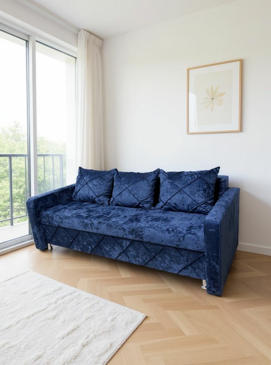 Диван-кровать OWN "Стелла", еврокнижка, велюр, синий, 210x70х90 см