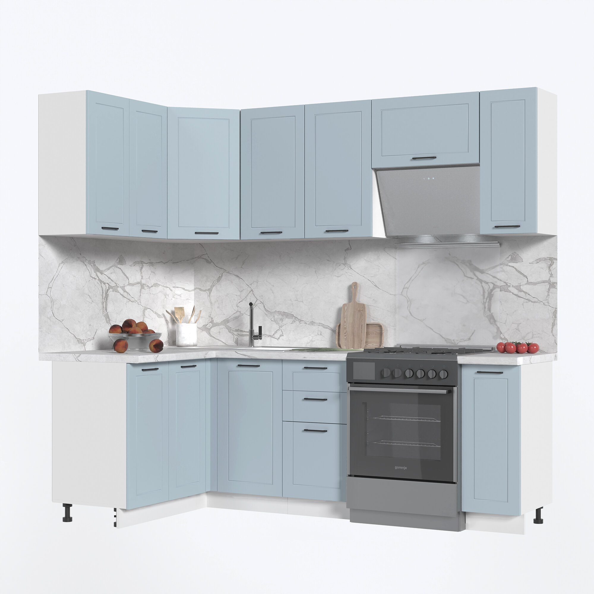 Кухонный гарнитур угловой столешница 26мм Джорджия 130*230см Белый, Небесно-голубой