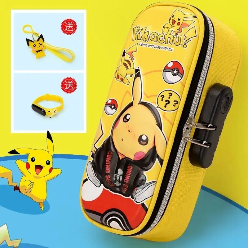 Пенал Pokemon Pikachu - 4-х секционный, водонепроницаемый, для школы (с брелоком и часами в подарок) для мальчиков и девочек