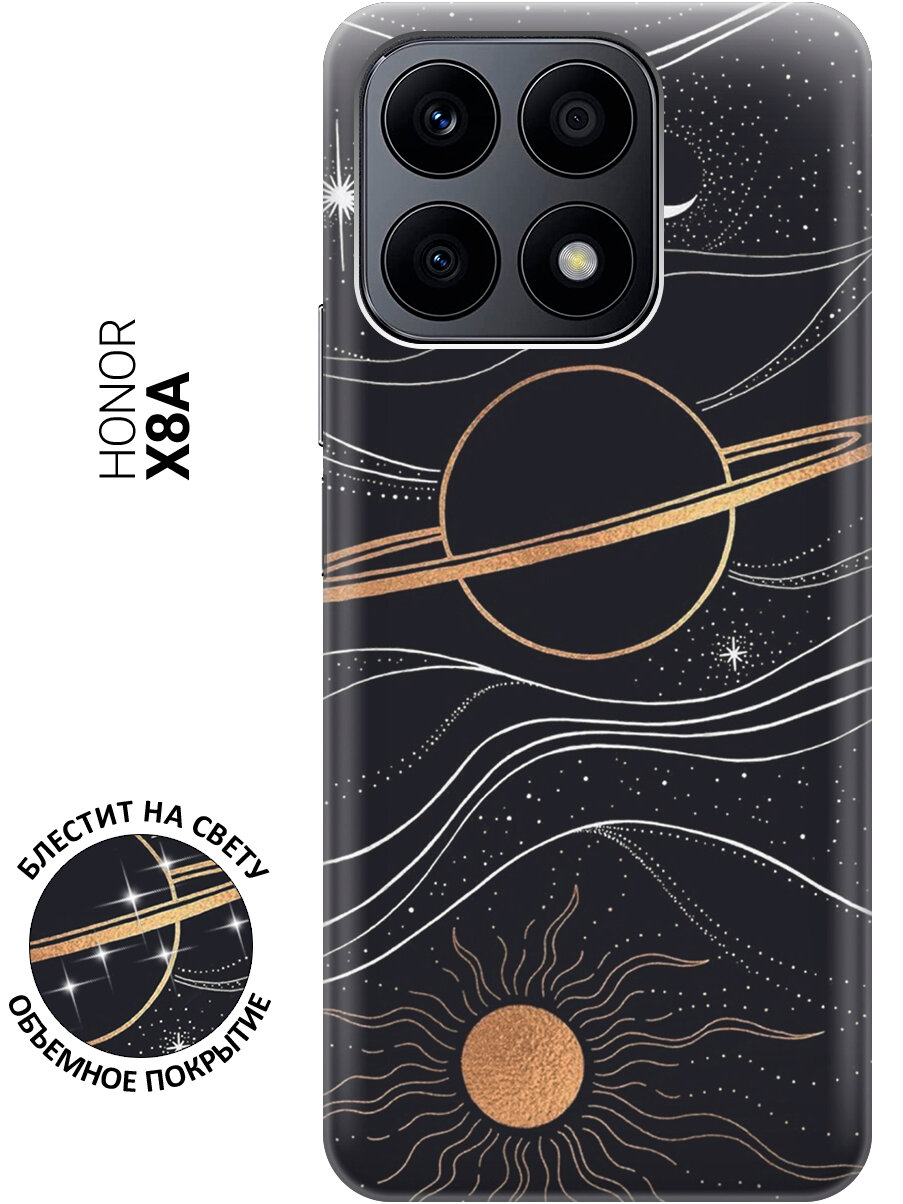 Силиконовый чехол на Honor X8a / Хонор Х8А с рисунком "Сатурн, солнце и звезды" Soft Touch черный