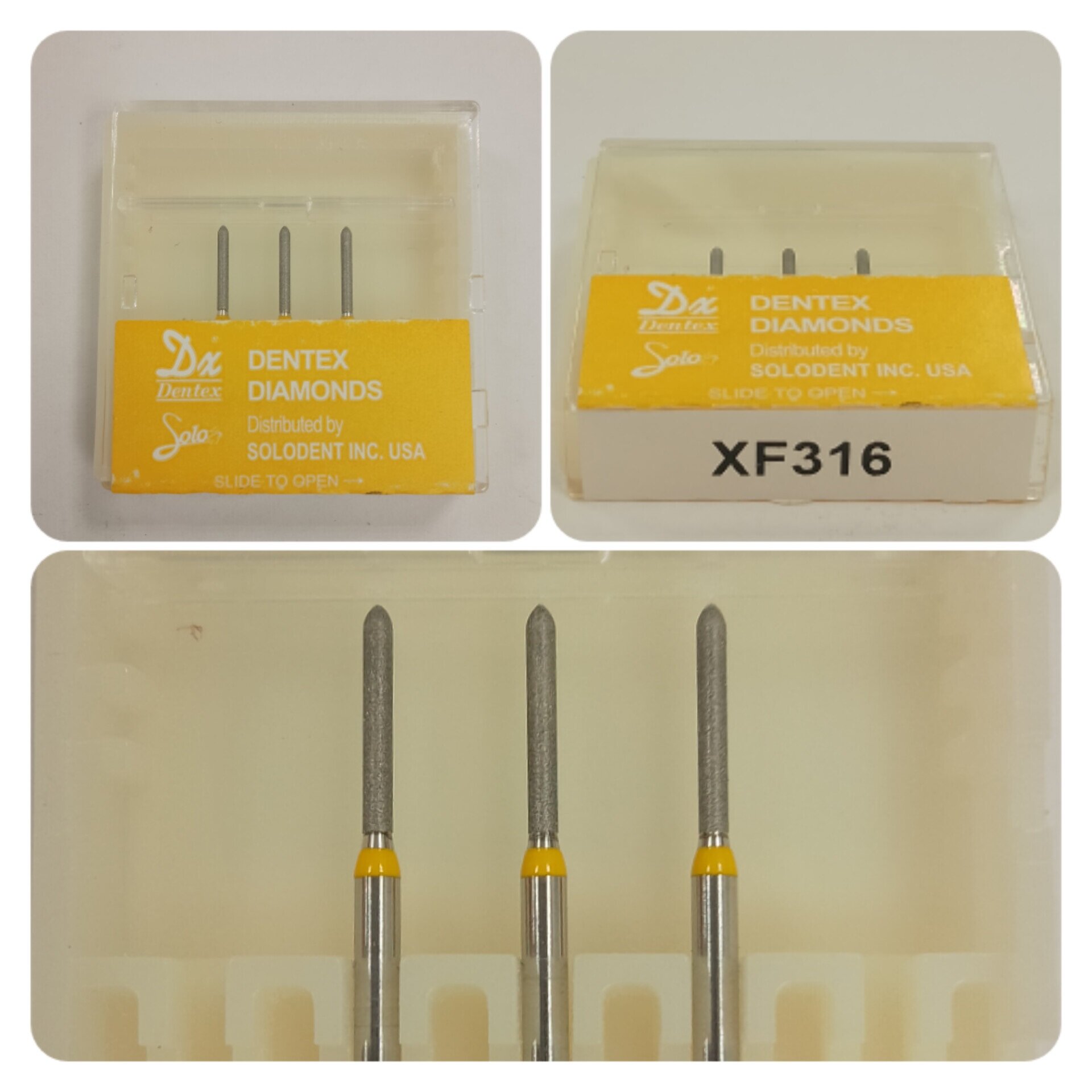 Боры стоматологические алмазные Dentex турбинные, цилиндр с усеченным концом, XF 316 размер 012 желтая насечка, 3 штуки