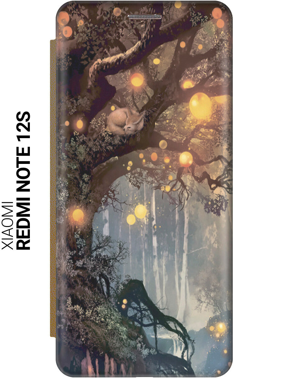 Чехол-книжка на Xiaomi Redmi Note 12s / Сяоми Редми Ноут 12с с рисунком "Лиса на древе" золотистый