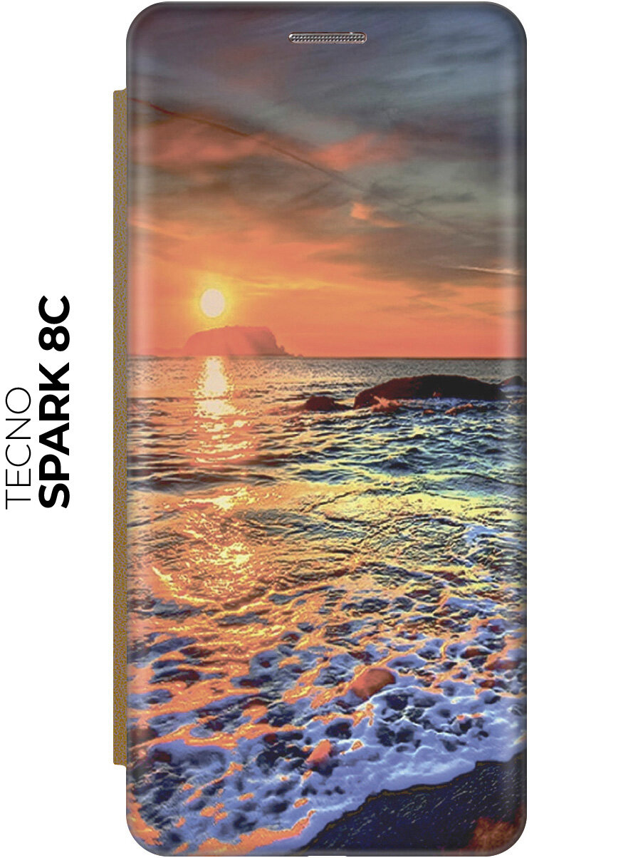 Чехол-книжка на Tecno Spark 8C / Go 2022 / Техно Спарк 8С / Го 2022 с рисунком "Закат на море" золотистый