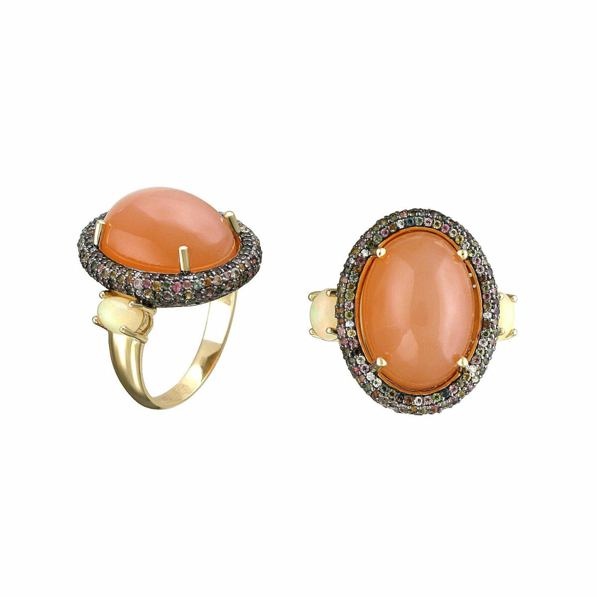 Кольцо, желтое золото, 585 проба, турмалин, бриллиант, лунный камень, опал