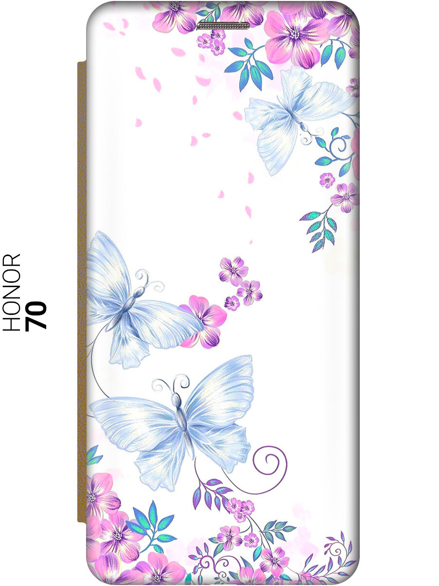 Чехол-книжка на Honor 70 / Хонор 70 с рисунком "Бабочки и фиалки" золотистый