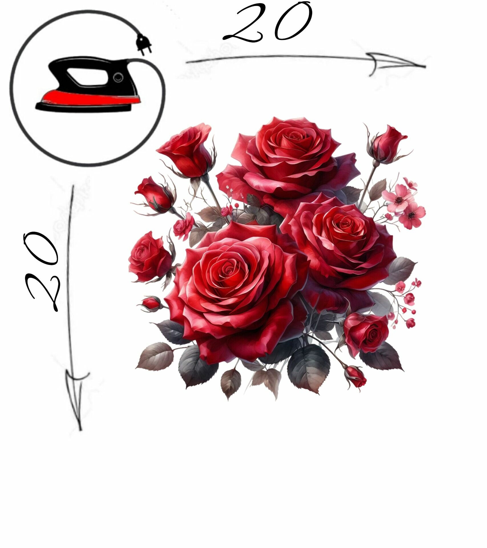 Термотрансфер "Букет роз", наклейка на одежду, 20х20