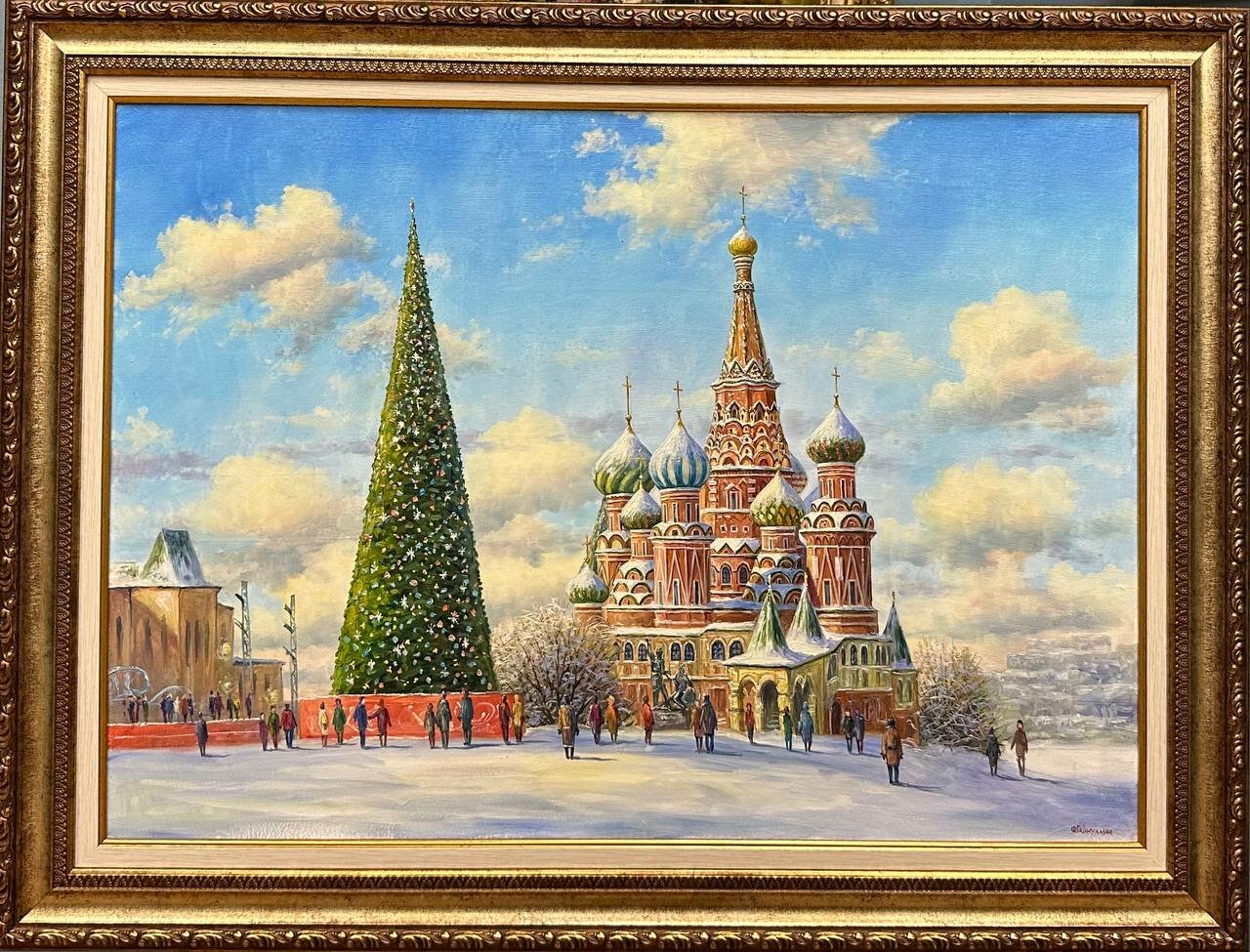 Картина маслом, городской пейзаж "Храм Василия Блаженного зимой"