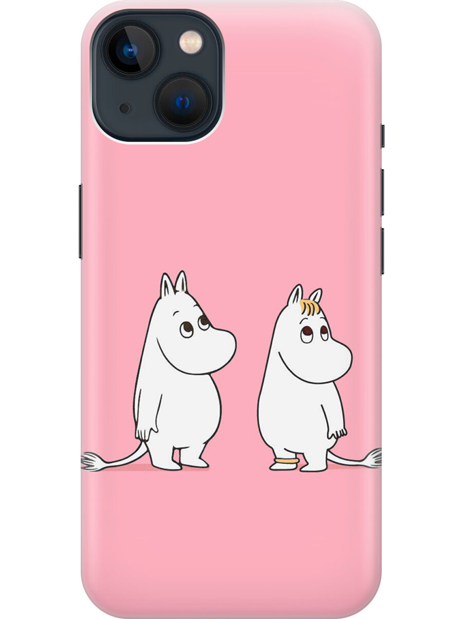 Силиконовый чехол на Apple iPhone 13 Mini / Эпл Айфон 13 мини с рисунком "Муми-тролли на розовом"