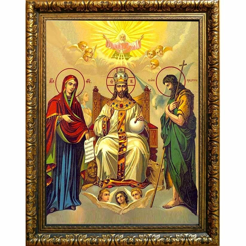 Спаситель на троне с предстоящими. Икона на холсте. (30 х 40 см / В раме под стеклом).