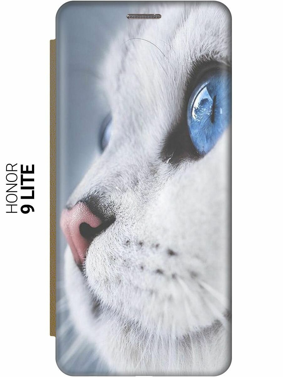 Чехол-книжка на Honor 9 Lite, Хонор 9 Лайт с 3D принтом "Кошачий взгляд" золотой