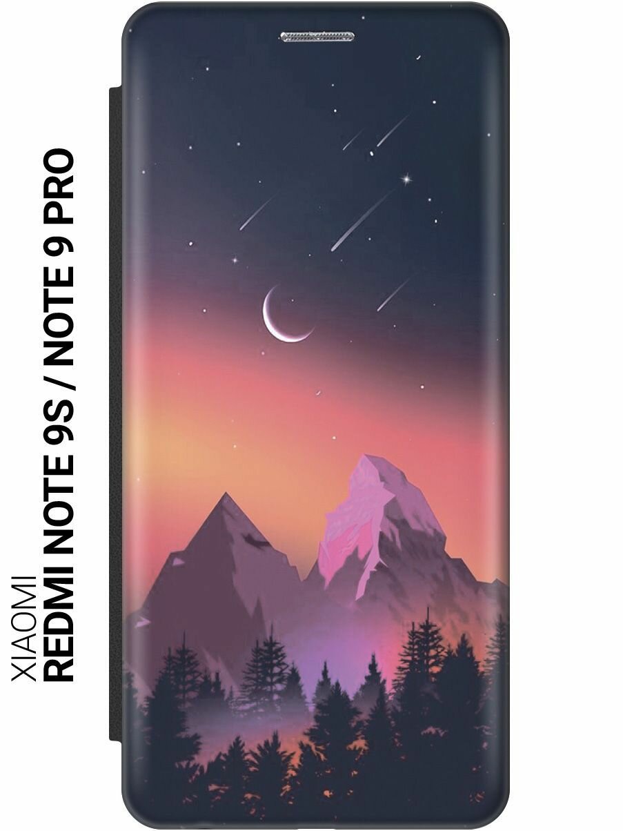 Чехол-книжка на Xiaomi Redmi Note 9s, Note 9 Pro, Сяоми Редми Ноут 9с, Ноут 9 Про c принтом "Горы и звездопад" черный