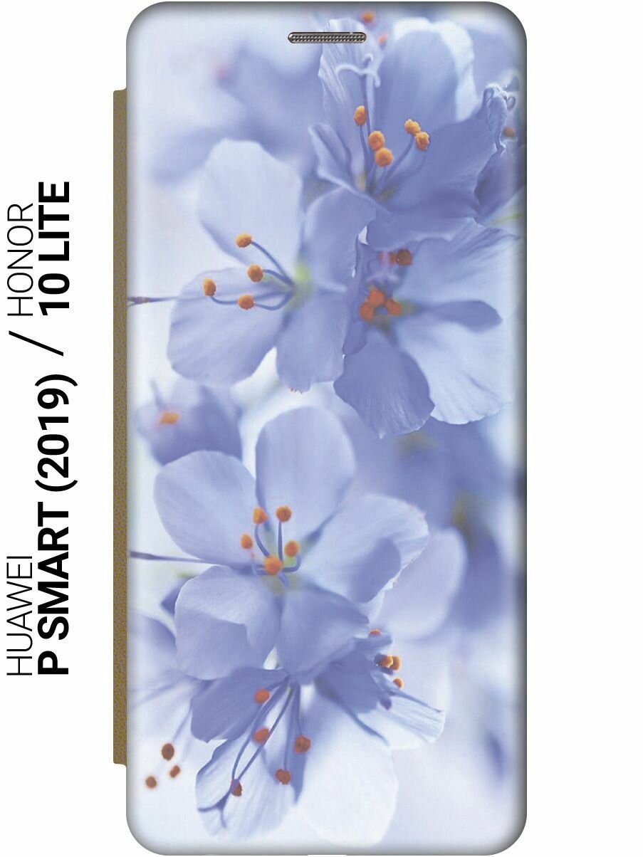 Чехол-книжка на Honor 10 Lite, Huawei P Smart (2019), Хуавей П Смарт (2019), Хонор 10 Лайт с 3D принтом "Лазурные орхидеи" золотой